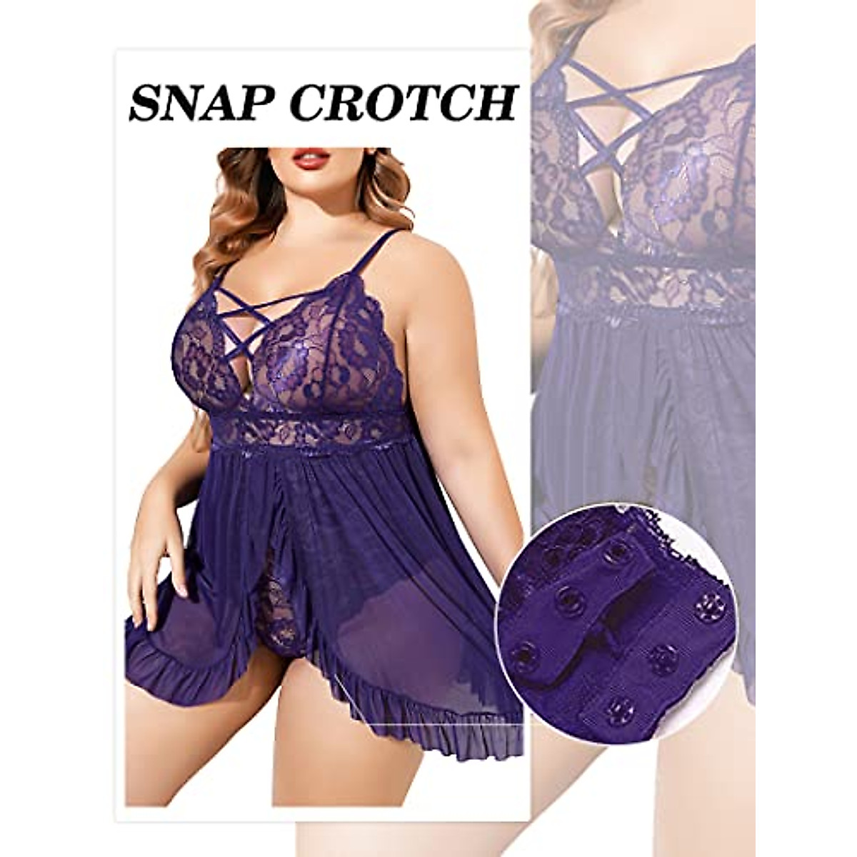 Avidlove Lingerie For Women Plus Size Babydoll Lace Nighties Sexy Strappy Exotic Sleepwear (Purple,XXL)