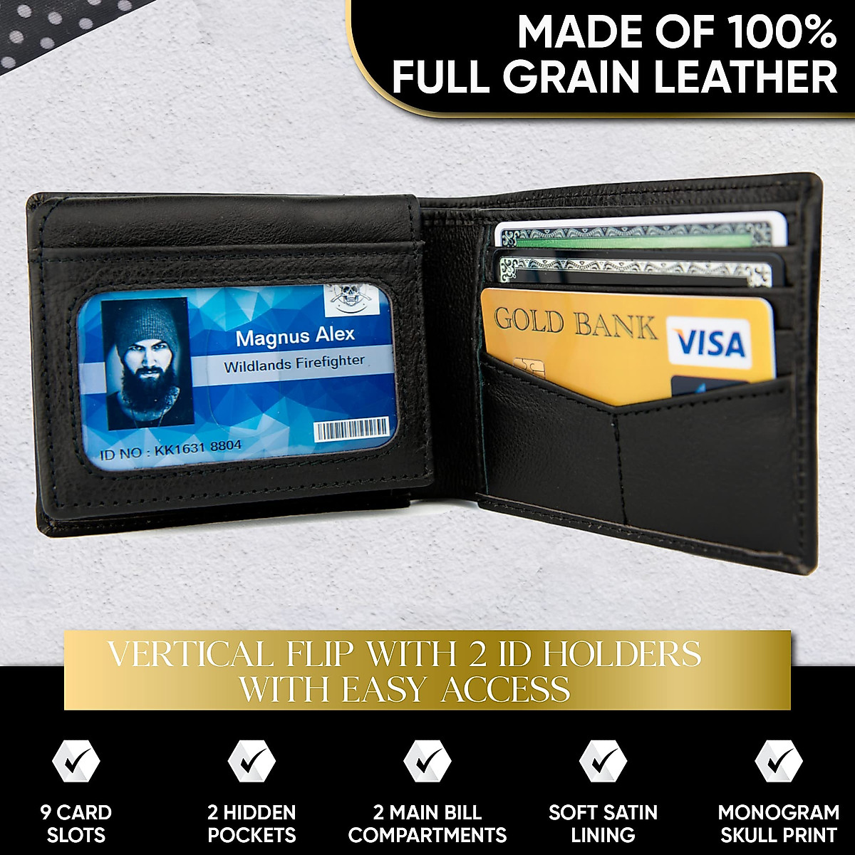 Kobi & Knight Mens Leather Skull Wallet | Bifold Wallet with Embossed Skull Design | Full Grain Leather Wallet in Gift Box | Gift Idea For Men