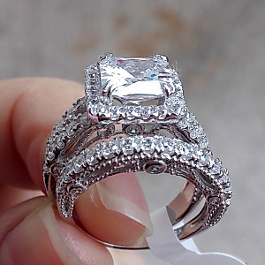 Wuziwen 4Ct Engagement Rings for Women Sterling Silver Cubic Zirconia Wedding Bridal Ring Set With 2 Band Size 7