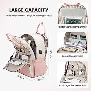 LOVEVOOK Laptop Backpack Purse for Women, 15.6 Inch Waterproof Work Laptop Bag, Large Teacher Nurse Bag with USB Port, Business Travel Computer Backpack, Beige-Pink