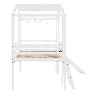 Kids House Bed with Slide, Twin Size Low Loft Bed with Light and Blackboard, Wood Treehouse Loft Bed with Ladder and Slats Support, White