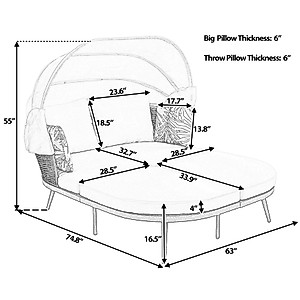 Merax 74.8" L Outdoor Daybed with Retractable Canopy Mattress Included, Patio Rattan Back Loveseat Sofa, Day Bed Throw Pillows and Cushions Set for Backyard, Poolside, Garden, Beige