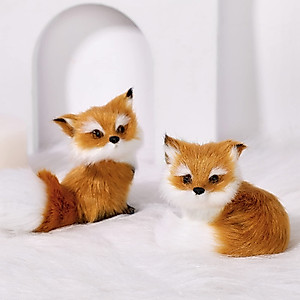 Sosation 2 Pcs Simulation Fox Mini Toy Fur Animal Model Stuffed Ornament Static Action Figures Fox Standing Sitting Plush for Home Office Desktop Bag Decoration 3.94 x 3.54 in, 3.15 x 2.75 in(Brown)