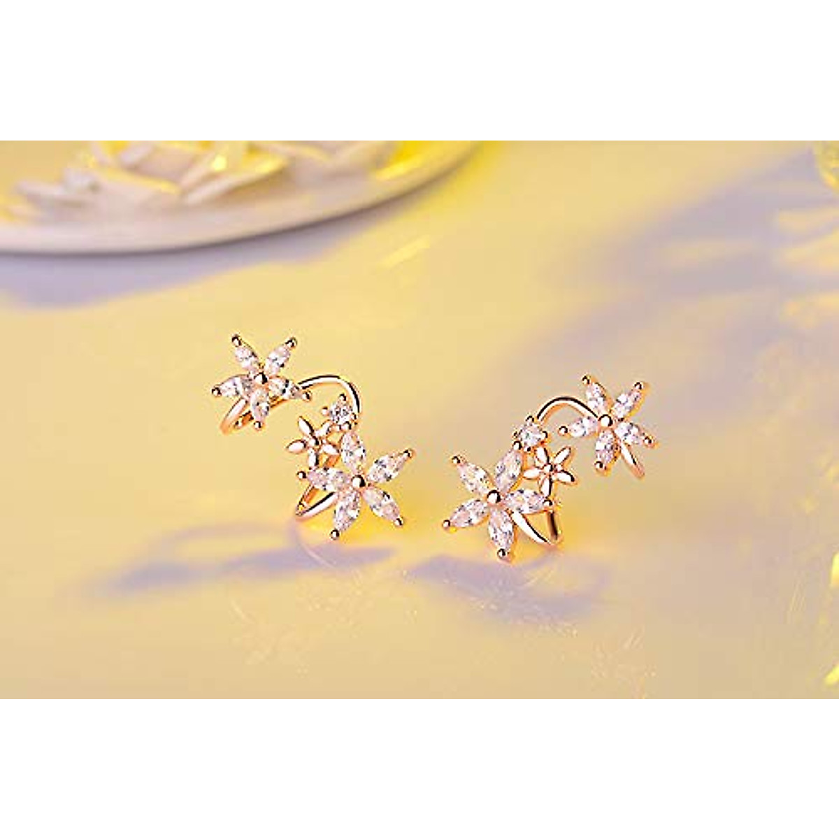 Flower Fariry CZ Ear Cuff Wrap Earrings for Women Fashion Cubic Zirconia Clip Crawler Climber Hypoallergenic (Rose Gold)