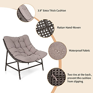 MFSTUDIO 2 Pieces Outdoor Rattan Egg Lounge Chairs, Patio Wicker Scoop Papasan Lounge Chairs Set of 2 with Cushions and Durable Steel Frame, Indoor & Outdoor Use, 330lbs, Porch, Backyard