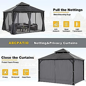 ABCPATIO 12x12 Hardtop Gazebo - Outdoor Polycarbonate Double Roof Gazebo Canopy, Metal Frame Permanent Pavilion with Curtains and Netting for Patio, Garden, Patio, Lawns (Dark Gray)