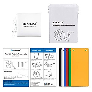 PULUZ 20cm Ring Light Photo Studio Light Box, Adjustable Portable Photography Shooting Light Tent Kit with White/Warm/Soft Lighting + 6 Backdrops for Jewellery and Small Items