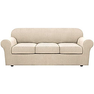 H.VERSAILTEX 4 Piece Stretch Sofa Covers for 3 Cushion Couch Covers for Living Room Furniture Slipcovers (Base Cover Plus 3 Seat Cushion Covers) Upgraded Thicker Jacquard Fabric (Sofa, Natural)