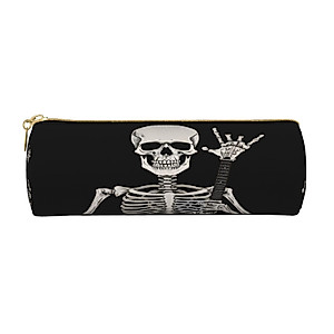 Rock And Roll Skeleton Skull Boho Hippie Cylinder Pencil Case Holder Zipper Pen Bag Pouch Students Stationery Cosmetic Bag