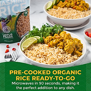 Lotus Foods Organic Brown Jasmine Rice Heat & Eat Pouch - Jasmine Rice, Gluten Free Brown Rice, Organic Rice, Instant Microwave Pre Cooked Rice, USDA Organic - 8 Oz Pouches (Pack of 6)