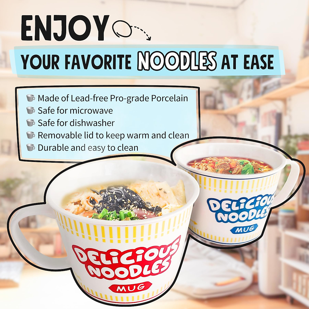 Sophie & Panda Porcelain Instant Noodle Bowl Mug With Handle 34 Oz - A Must-Have Accessory For Anyone Who Loves Asian Noodles - One Novelty 5.5” X 4.5” Ramen Bowl with Lid (Red)