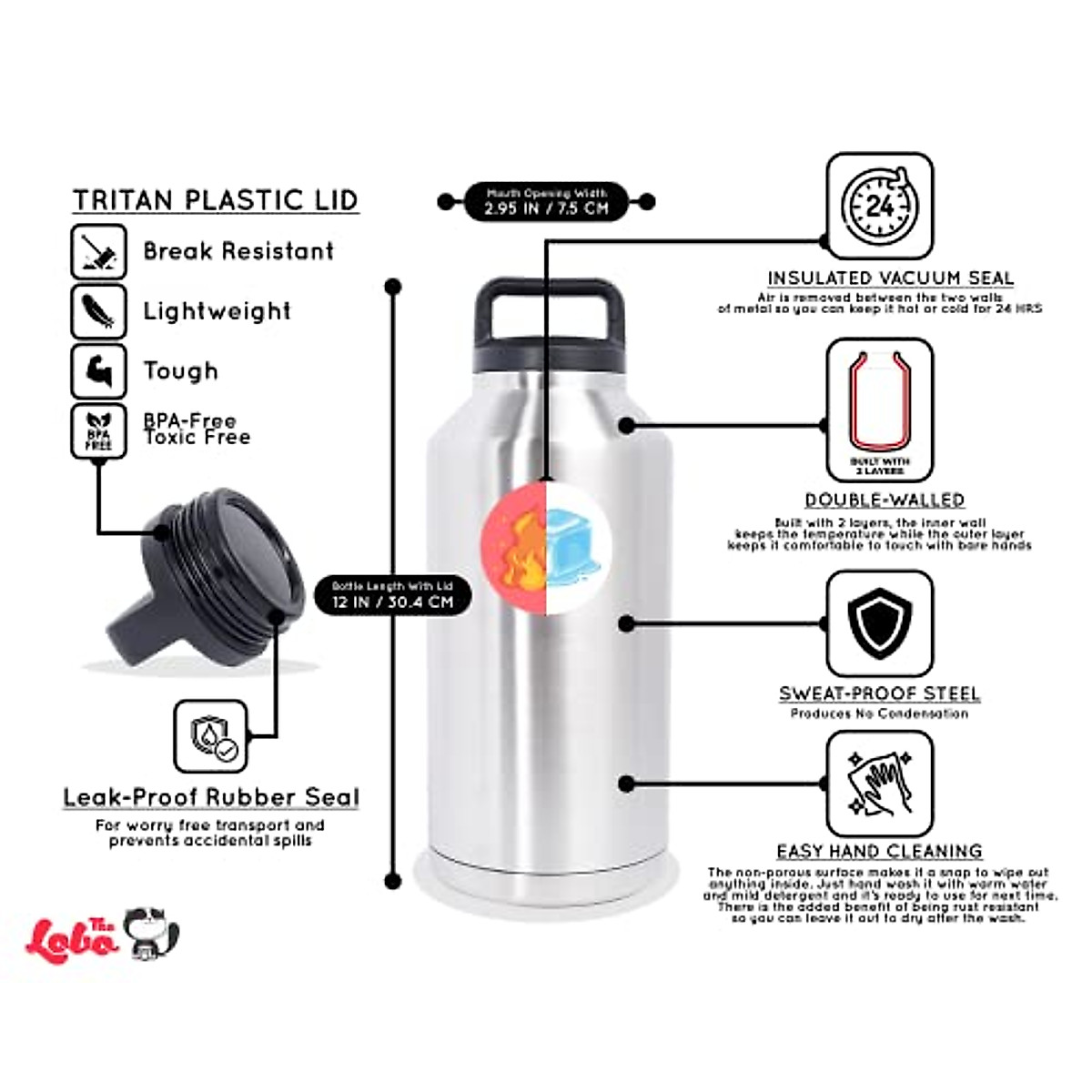 64 OZ Tritan BPA-Free Lid Stainless-Steel Insulated Metal Water Bottle Thermos | 24 HR Temperature Retention Hot And Cold | Portable For Outdoor Travel | Leakproof Coffee Carafe Container | The Lobo