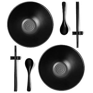 Edward Appliances & Supplies - Black Melamine Ramen Bowls Set of 2 Bowls, Chopsticks, Spoons and Stands, Big Size 57 oz, Pho Bowls Large, Rice, Noodles, Oatmeal, Spaghetti Bowl, Japanese, Ramen Kit