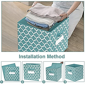 homyfort Cube Storage Organizer Bins 13x13 - Fabric Storage Cubes Bin Foldable Baskets Square Box with Labels and Dual Handles for Shelf, Nursery, Cabinet, Clothes, Toys, Set of 4 (Teal Blue)