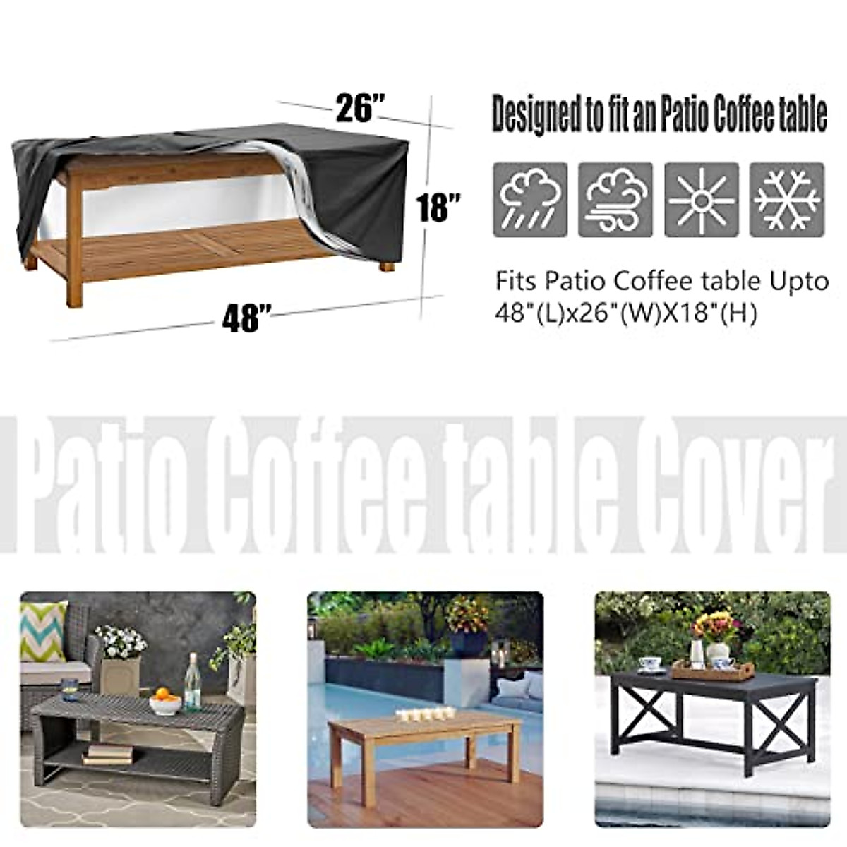 Patio Coffee Table Covers,Waterproof Outdoor Furniture Rectangular Small Table Covers,48'' L X 26'' W X 18'' H,Grey