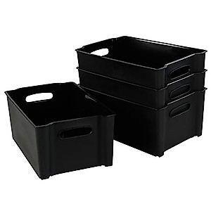 Zerdyne Plastic Stackable Storage Bins with Handles, Set of 4, Black