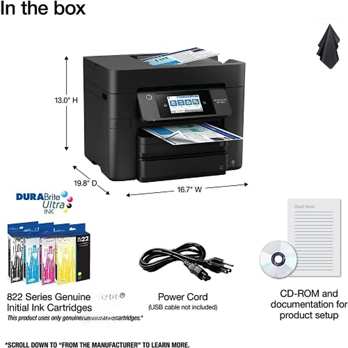 EpsonWorkforce Pro WF-4833 Color Inkjet Printer - Wireless All-in-One, Print, Scan, Copy, Fax - Ethernet, 25ppm, Auto 2-Sided Printing, 50-Sheet ADF - High Productivity Quality, Nowco Cloth
