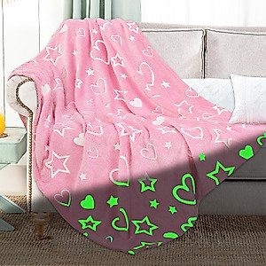 Cloele Glow in The Dark Heart Stars Blanket,Pink Throw Blanket Birthday Gift for 2 3 4 5 6 7 8 9 10 Year Old Kids Girls - Heart Flannel Throw Blanket Glowing Luminous Birthday Valentines Gifts,50"x60"