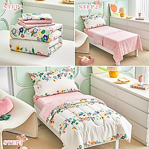 Joyreap 4 Piece Toddler Bedding Set, Floral Strips Design, Ultra Soft Microfiber Toddler Comforter for Kids Boys Girls, Includes Quilted Comforter, Fitted Sheet, Top Sheet, and Pillow Case