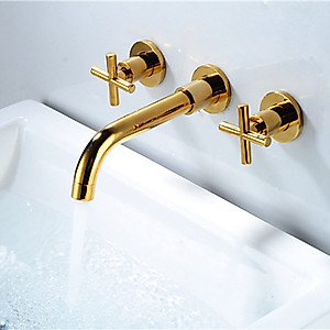 Wall Mount Bathroom Faucet,Double Handle Wall Mount Brass Basin Mixer,360 Degree Rotating Nozzle,1/2 Standard Thread,Bathroom Faucet,Gold (Color : Gold)
