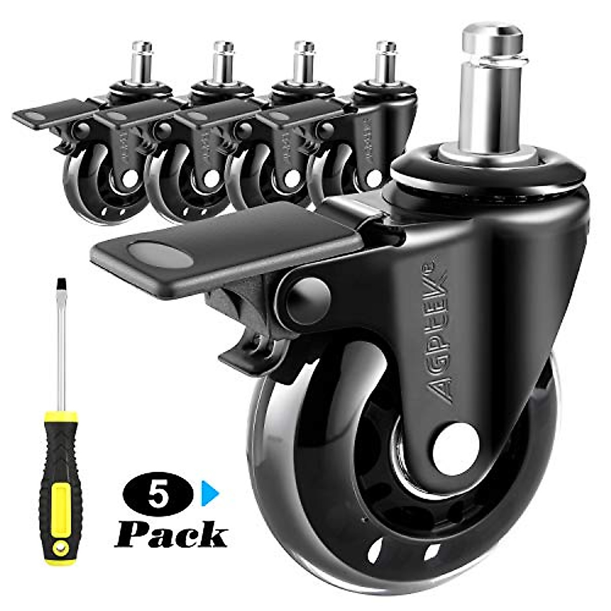 AGPtEK Office Chair Casters Heavy Duty with Screwdriver 2.5" Universal Fit, Safe Roller Wheel Replacement for Hardwood Floors Mat Carpet Tile Universal Fit - Set of 5 All with Brake System