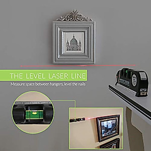 Laser Level, Qooltek Multipurpose Cross Line Laser 8 feet Measure Tape Ruler Adjusted Standard and Metric Rulers for hanging pictures