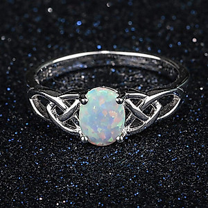 925 Sterling Silver Celtic Knot Heart Shaped Fire Opal Wedding Engagement Ring (Silver, 7)
