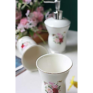 JruF Round Pink and White Set of 5 Bathroom Accessories Set-Pink Flowers Porcelain Pattern Modern Dressing Accessories Set Including Tumbler, Toothbrush Holder and Lotion Bottle, Soap Dish