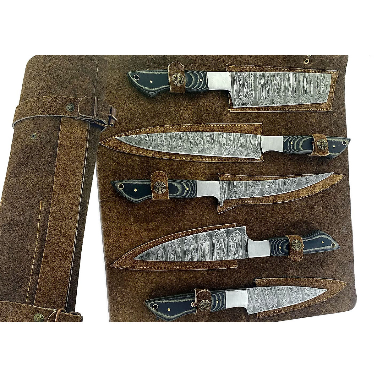 Professional Kitchen Knives Custom Made Damascus Steel 5 pcs of Professional Utility Chef Kitchen Knife Set with Chopper / Cleaver with Pocket Case Chef Knife Roll Bag - BW-4160