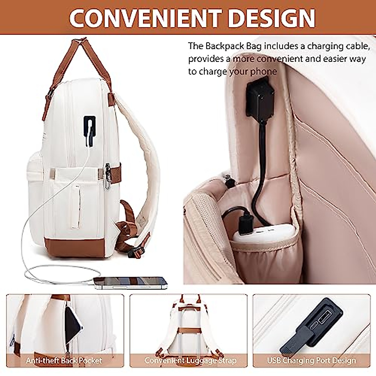 LONG VACATION Women's 15.6 Inch Laptop Bag, Fashion Laptop Backpack with USB Port, Casual Daypacks for College,Work (BEIGE & BROWN, 15.6 inch)