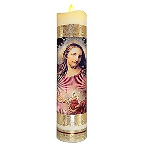 Sacred Heart Jesus Flameless LED Devotional Prayer Candle Religious Gold Foil Decoration for Home, Office, or Place Workship