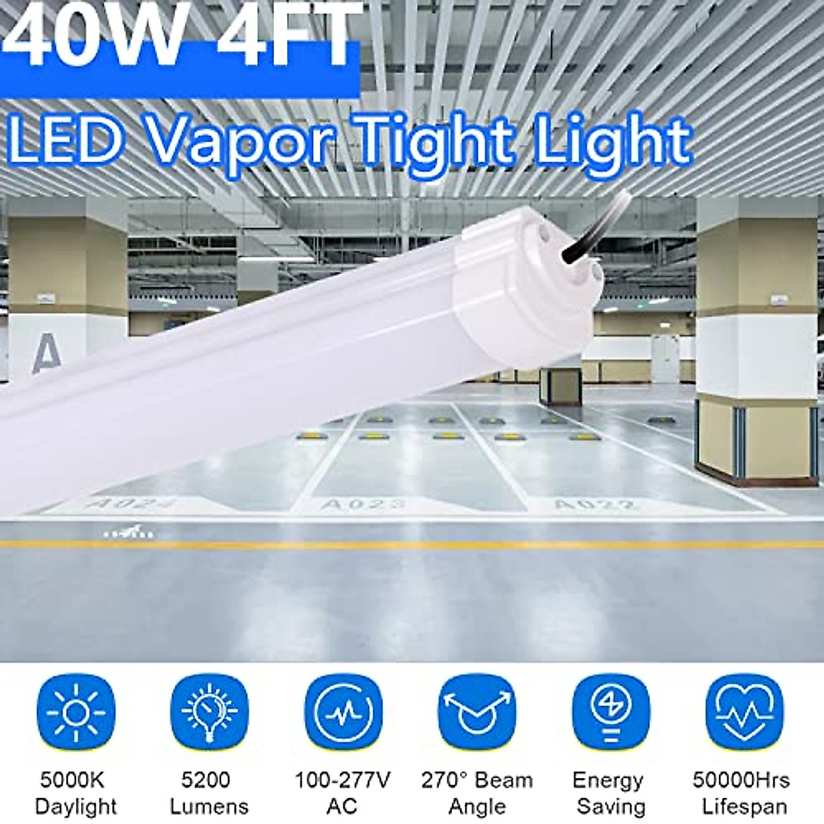 4FT LED Vapor Tight Lights, 40W LED Vapor Proof Light, 5200LM 5000K Commercial LED Workshop Light, IP65 Waterproof for Car Wash, Garage, Walk-in Freezer, 100-277V AC DLC UL Listed (6-Pack)