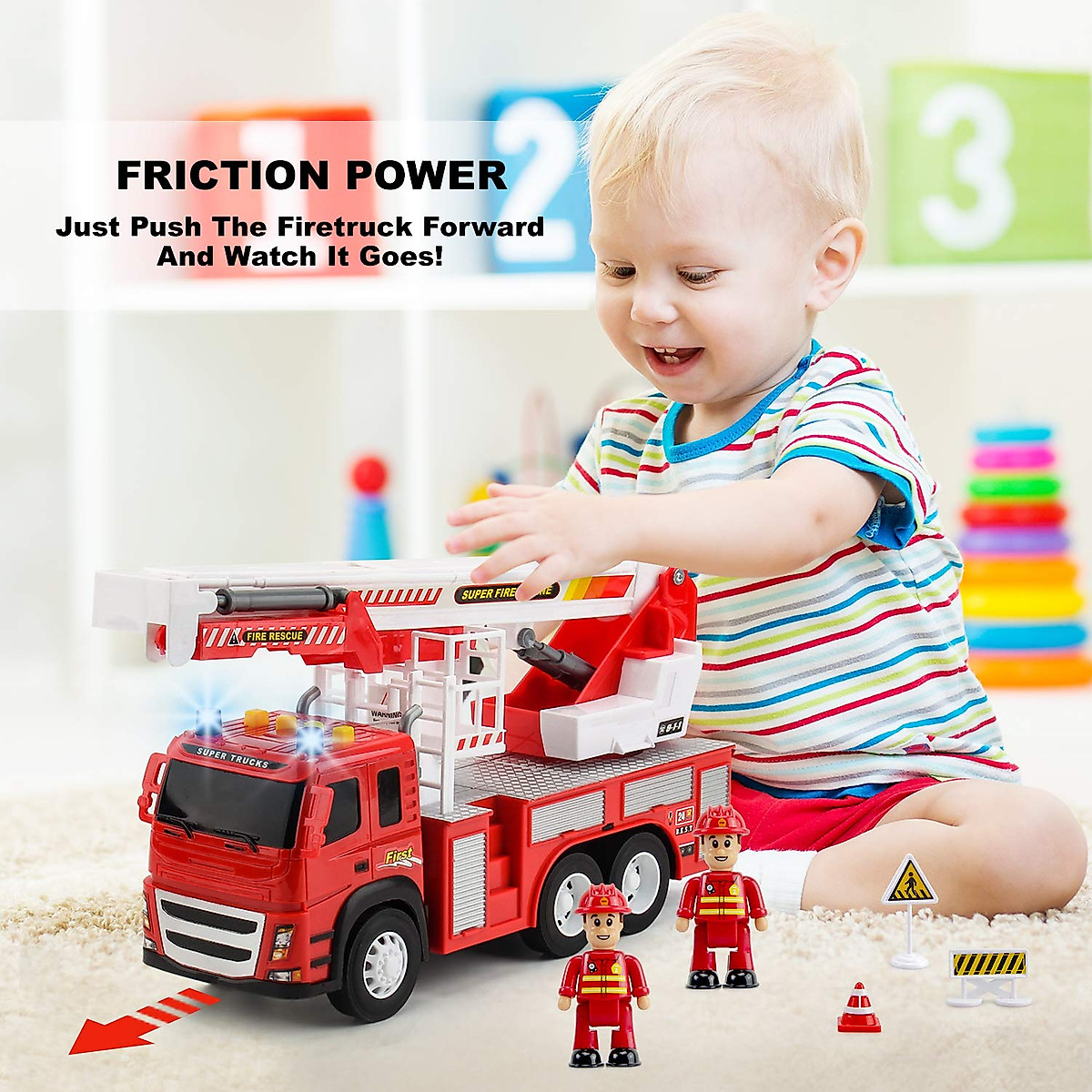 Fire Truck Playset - 1:12 Scale Large Size Toys - Realistic Fire Engine, 3 Firemen, Road Signs, Lights, Sounds - Friction-Powered Fire Truck Toys for 3 Year Old Boys, Girls, Toddlers Age 3 4 5