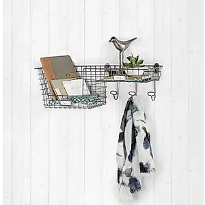 Spectrum Diversified Vintage Station, 2 Baskets with Label Plates for Entryway Storage, Sturdy Steel Hooks for Jackets, Leashes & Accessories, Rustic Farmhouse Decor, Large, Industrial Gray