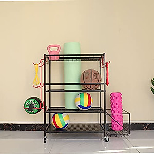 FLIORS Black 4-Tier Storage Shelving Unit with Whelss, Home Gym Storage Rack, Home Gym Workout Equipment Storage Rack, Workout Storage with Wheels and Hooks, Heavy Duty Storage Shelving