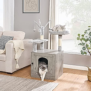 BEWISHOME Cat Litter Box Enclosure All-in-one Cat Tree with Litter Box Furniture Hidden Cat Tower with Plush Perch Scratching Posts Modern MMJ82Q