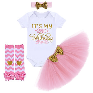 It’s My 1/2 / 1st / 2nd Birthday Outfit Baby Girls Romper + Ruffle Tulle Skirt + Sequins Bow Headband + Leg Warmers Socks Party Dress up 4Pcs Photo Cake Smash Clothes Set Pink 2 Years