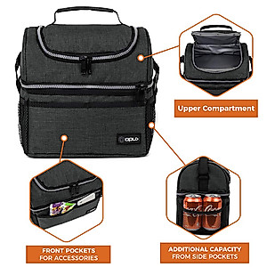 OPUX Lunch Box For Men Women, Insulated Large Double Decker Lunch Bag, Charcoal Gray, 10x7.5x10 Inches