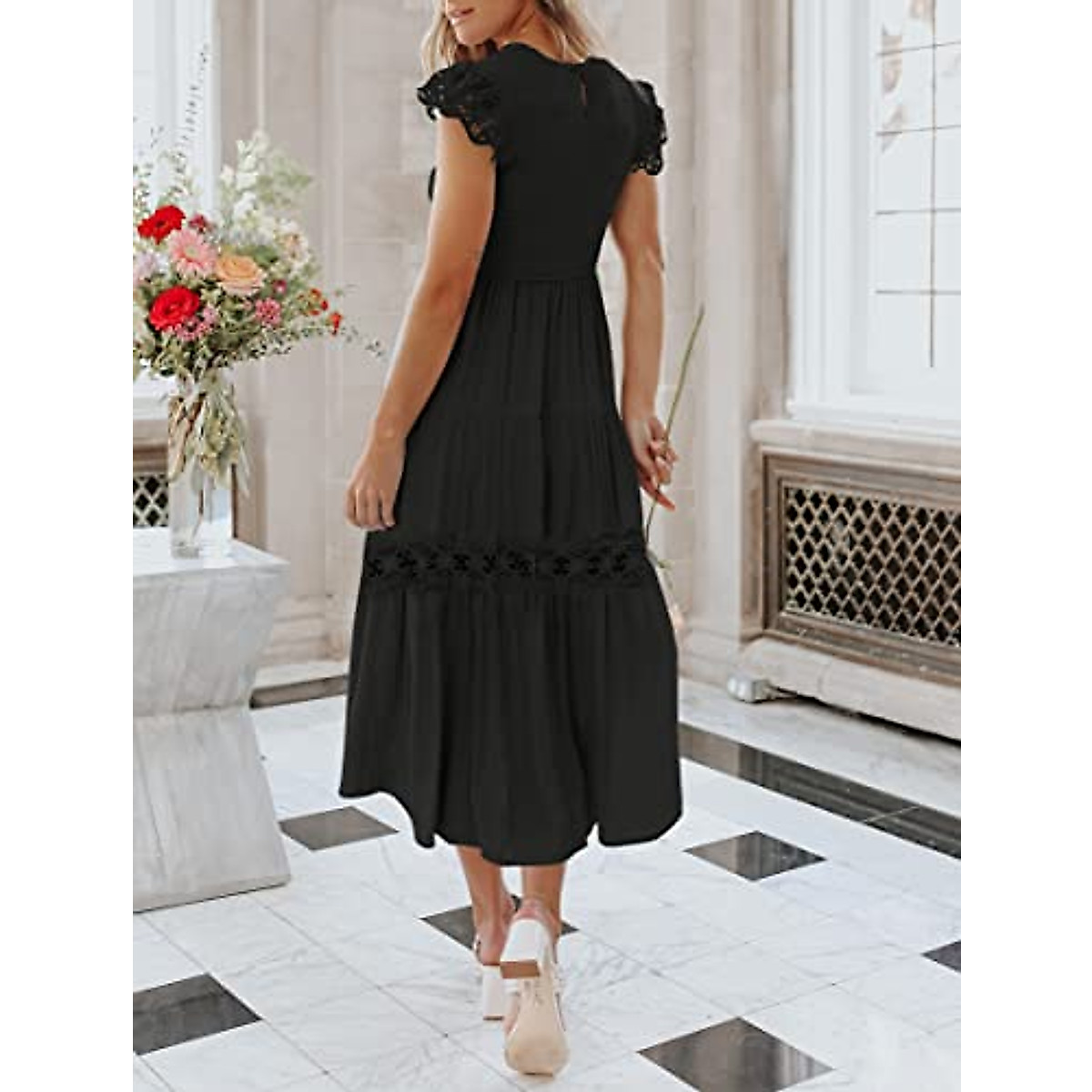 ZESICA Women's 2023 Casual Crew Neck Flutter Sleeve Smocked High Waist Hollow Out Lace Trim Tiered A Line Midi Dress,Black,Small