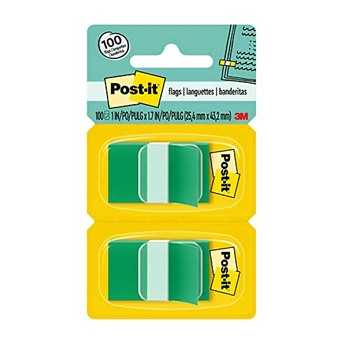 Post-it Flags, 50/Dispenser, 2 Dispensers/Pack, 1 in Wide, Green (680-GN2)