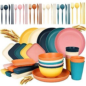 Straw Dinnerware Set - 54 Pcs Unbreakable Dish Set, Reusable Straw Plates and Bowls Sets Outdoor Camping Dishes Service for 6, Microwave and Dishwasher Safe (Multicolor)