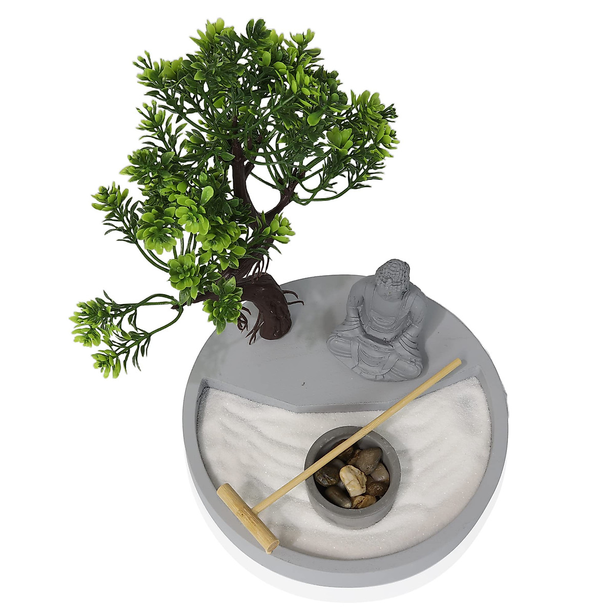 Round Shape, Zen Garden Tealight Candle Holder with a Mini Buddha Statue and a Bonsai Tree - A Perfect Japanese Art for Relaxation and Meditation - Free Your Mind with Our Mini Zen Garden Decor, Gray