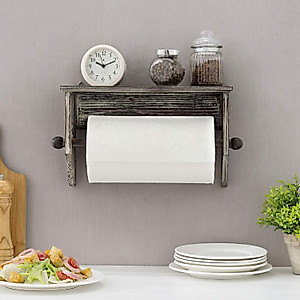 MyGift Wall Mounted Solid Torched Wood Paper Towel Roll Holder with Display Storage Shelf, Kitchen Hand Towel Bar with Top Storage Spice Rack