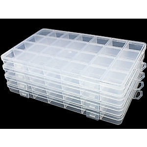 JESEP YONG 4Packs 28 Grids Bead Organizer Plastic Organizer Box with Fixed Dividers-Jewelry, Accessories, and Small Parts Container Clear Box for Jewerly Beads, Sewing, Drawing