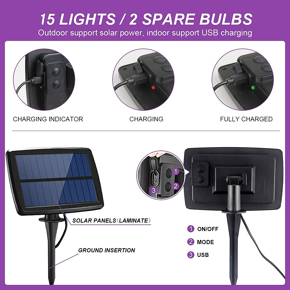 JFQSUNSINE Solar String Lights Outdoor, 25Ft 15 LED Bulbs Waterproof G40 Patio Lights, Solar Powered String Lights with USB Charging, 4 Modes for Party Patio Garden Wedding Xmas Decoration