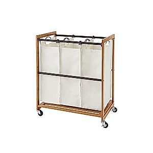 TRINITY 3-Bag Bamboo Laundry Cart, Laundry-Room Organization and Dirty Clothes Hamper with Wheels for Bedroom, Closet, Dorm Room and More, Bronze Poles