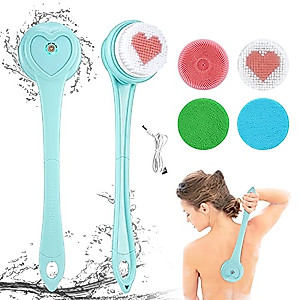 Electric Body Bath Brush Rechargeable Back Brush Long Handle for Shower Brush Silicone Body Scrubber with 5 Rotating Brush Heads for Women Men Body Cleaning Exfoliating Massage (Blue)