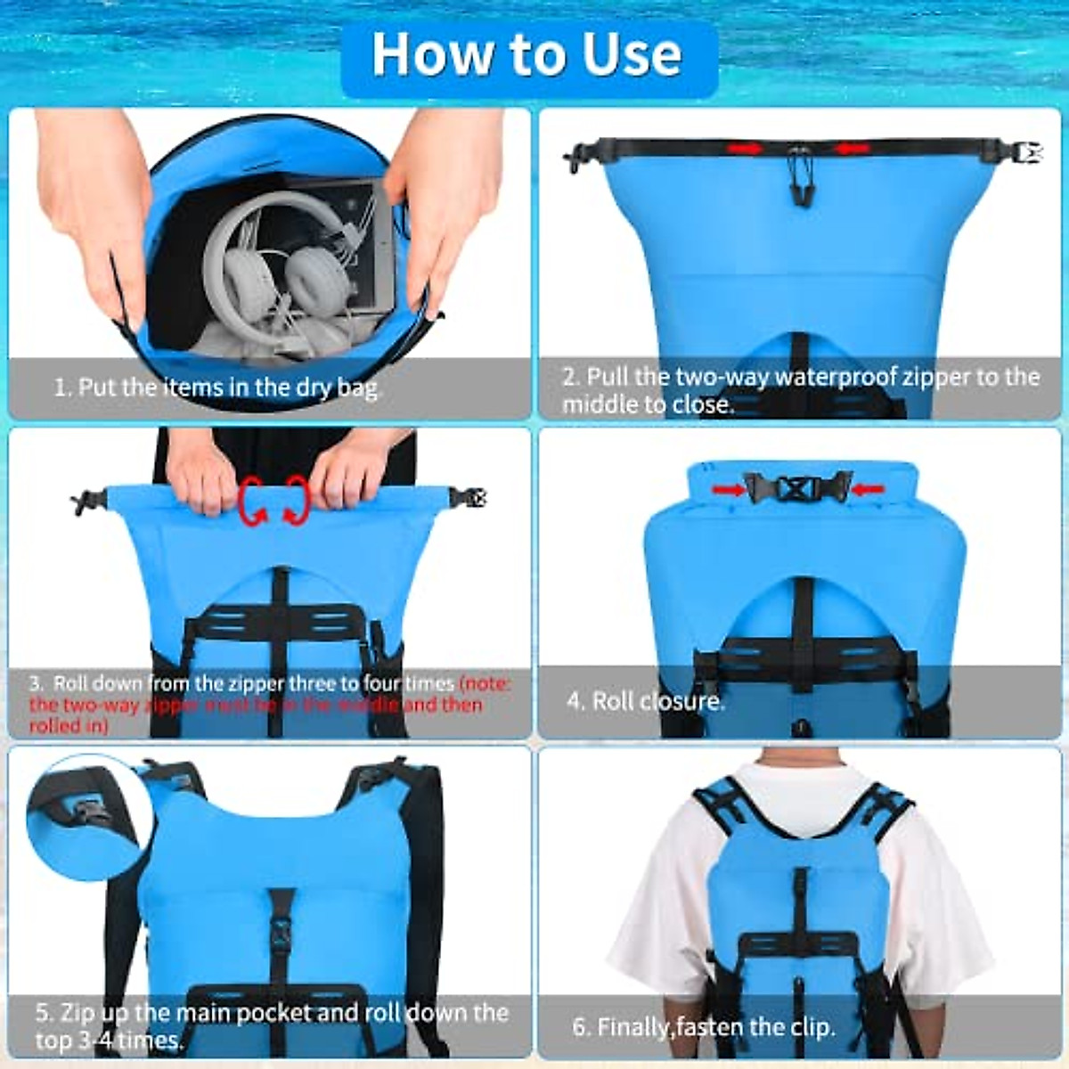 Atarni Waterproof Kayaking Dry Bag Backpack - 20L Lightweight Floating Zipper Drybag Sack & Roll Top for Boating Canoeing Camping Rafting Paddleboarding Swimming Boating Hiking Fishing（Blue）