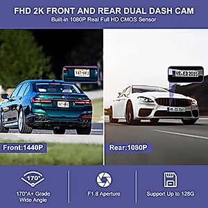 Dual Dash Cam 2K 1440P Built in WiFi GPS Car Video Camera Front and Rear Dash Camera Mini Dashcams for Cars with Night Vision Parking Mode WDR G Sensor APP Support 128GB Max