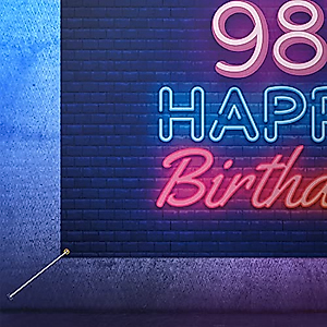 Glow Neon Happy 98th Birthday Backdrop Banner Decor Black – Colorful Glowing 98 Years Old Birthday Party Theme Decorations for Men Women Supplies